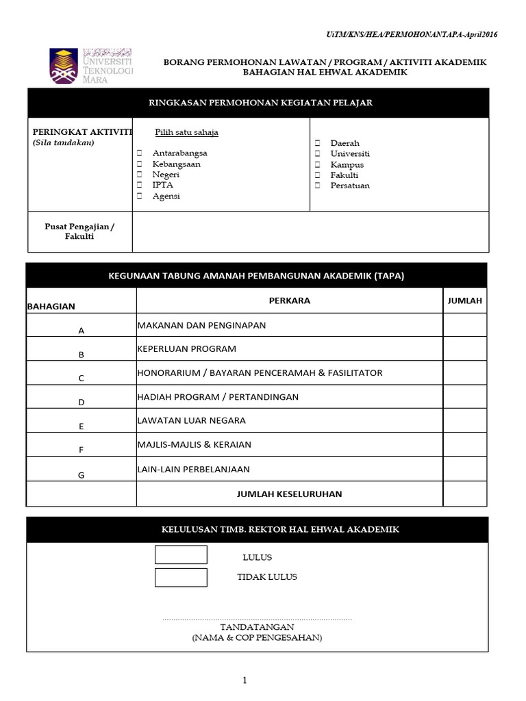 13 Borang Permohonan Mengadakan Aktiviti Akademik April2016 Tapa | PDF