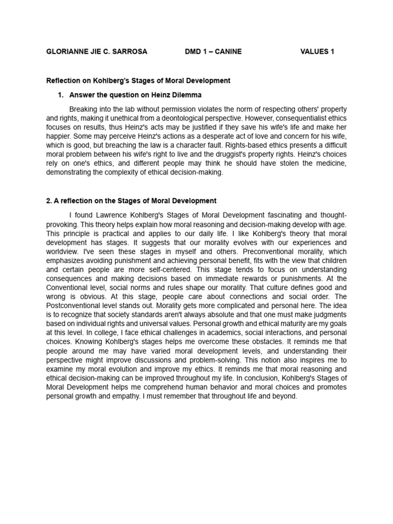 SARROSA - Reflection On Kohlberg's Stages of Moral Development ...