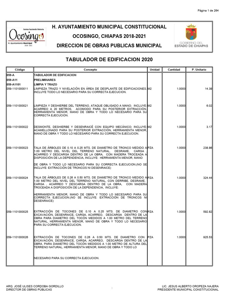 Tabulador de Edificación 2020 Ocosingo | PDF | Hormigón | Ingeniería estructural