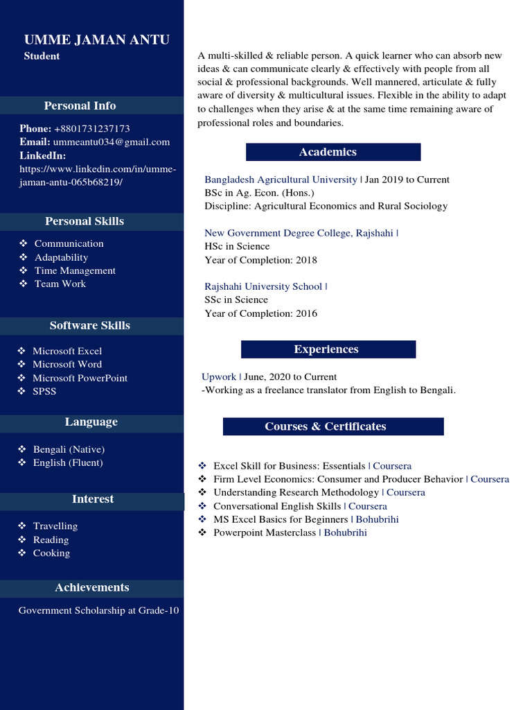 Umme Jaman Antu - Resume | PDF