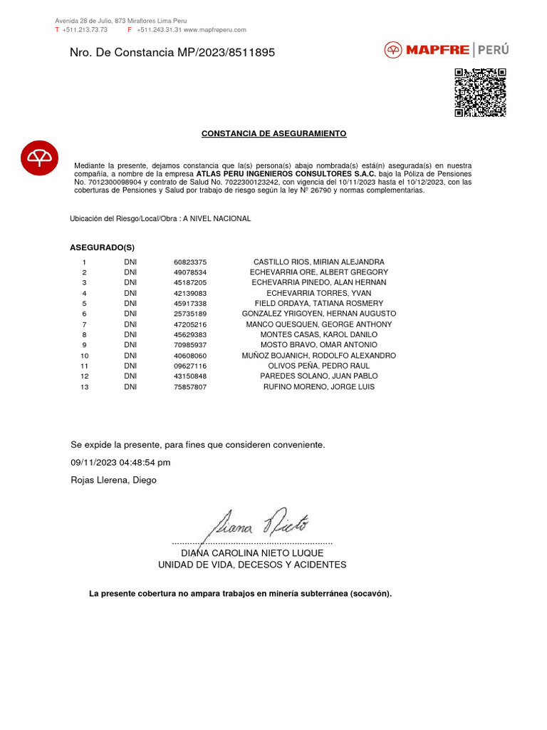 Constancia SCTR Atlas Peru Ingenieros 2023 | PDF | Riesgo financiero | Seguro