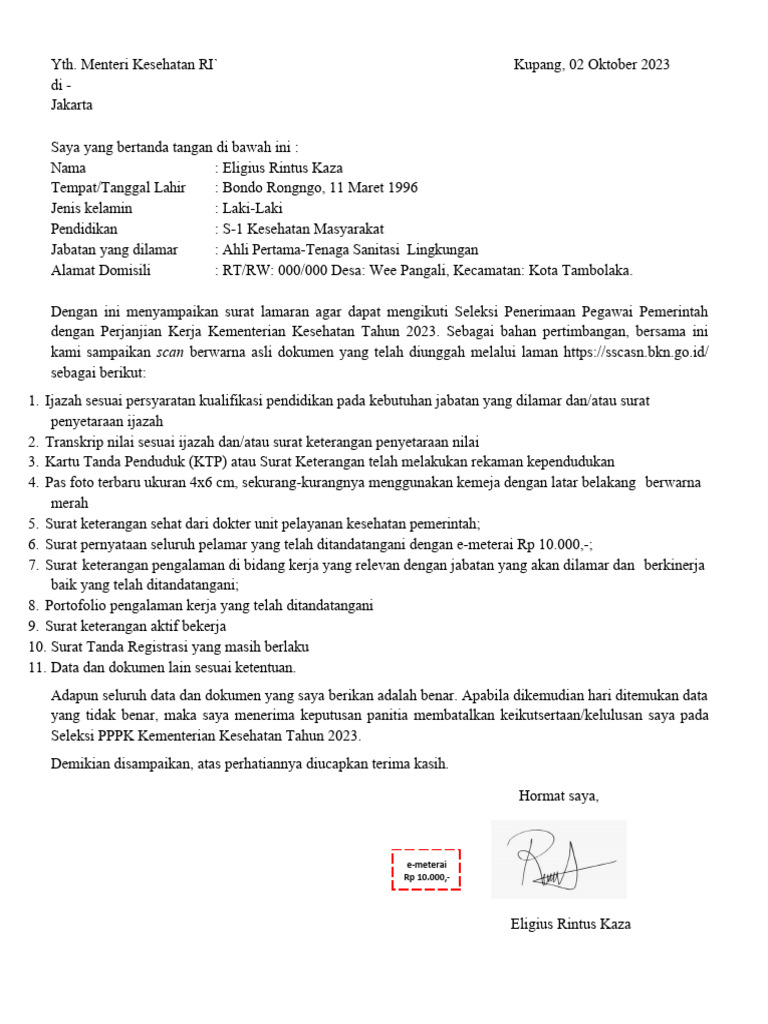 Surat Lamaran P3K KKP 2023 | PDF