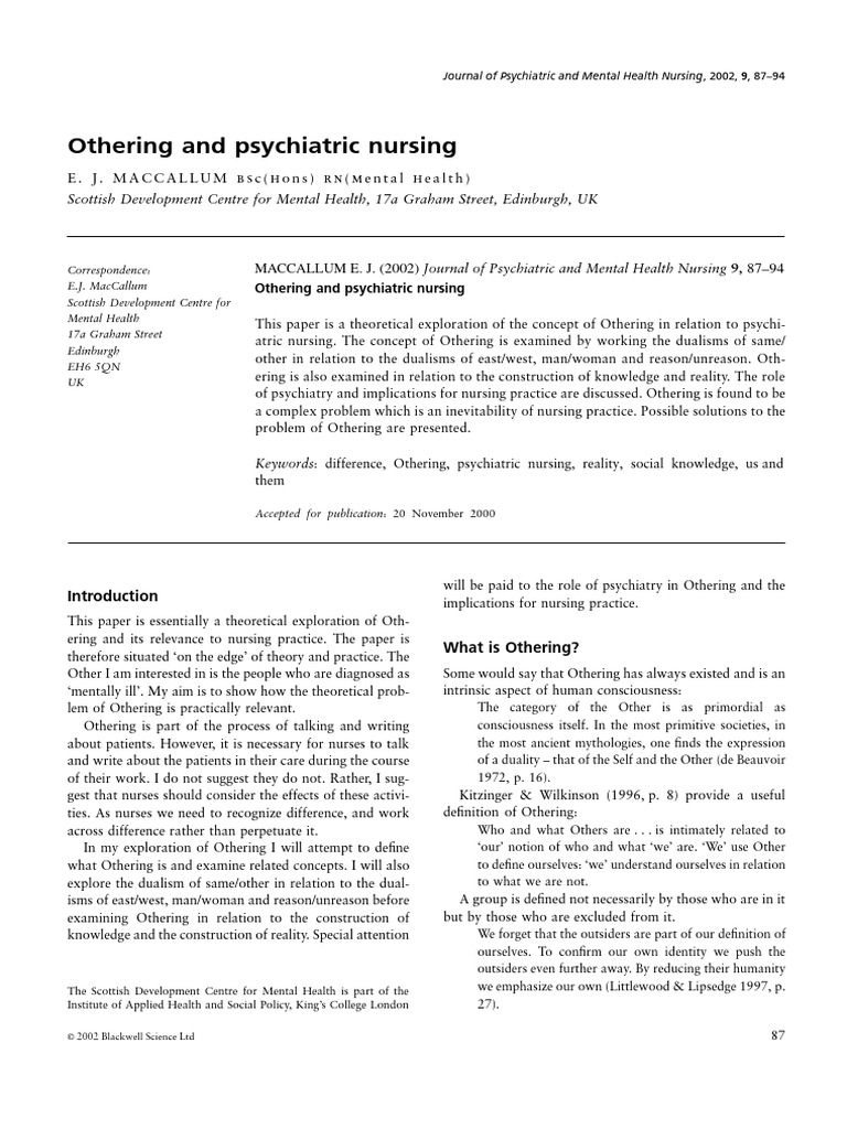 Othering and Psychiatric Nursing | PDF | Deviance (Sociology) | Psychiatry Othering and Psychiatric Nursing | PDF | Deviance (Sociology) | Psychiatry