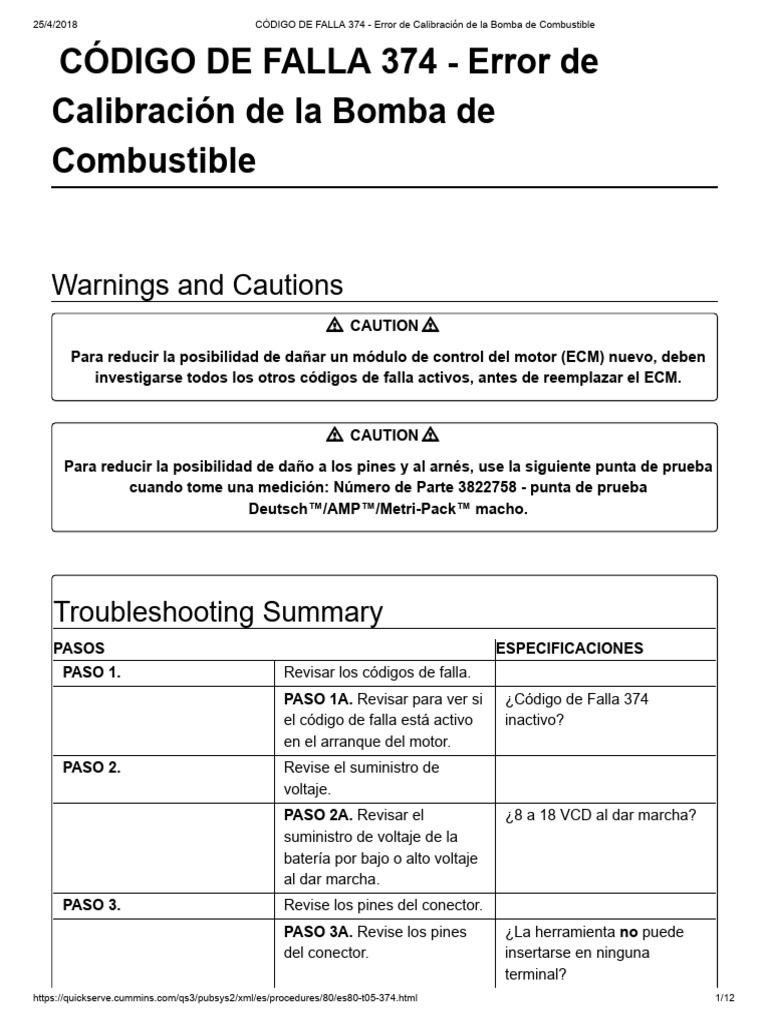 CÓDIGO DE FALLA 374 - Error de Calibración de la Bomba de Combustible | PDF | Conector eléctrico ...