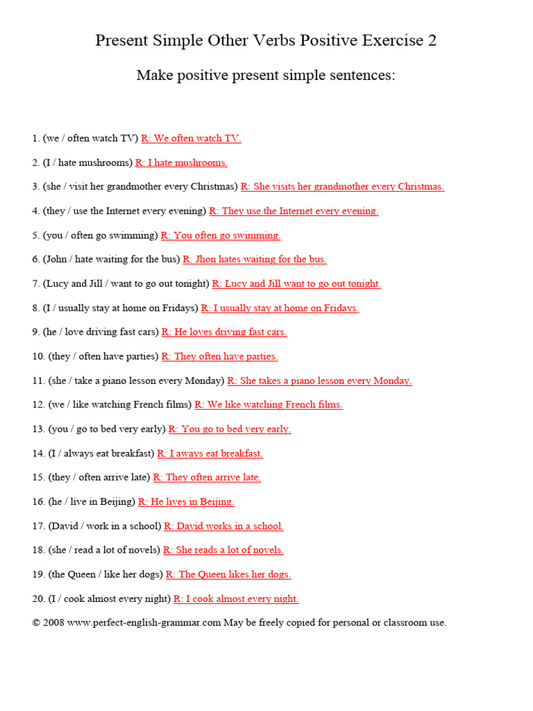 Present Simple Other Verbs Positive Exercise 2 | PDF