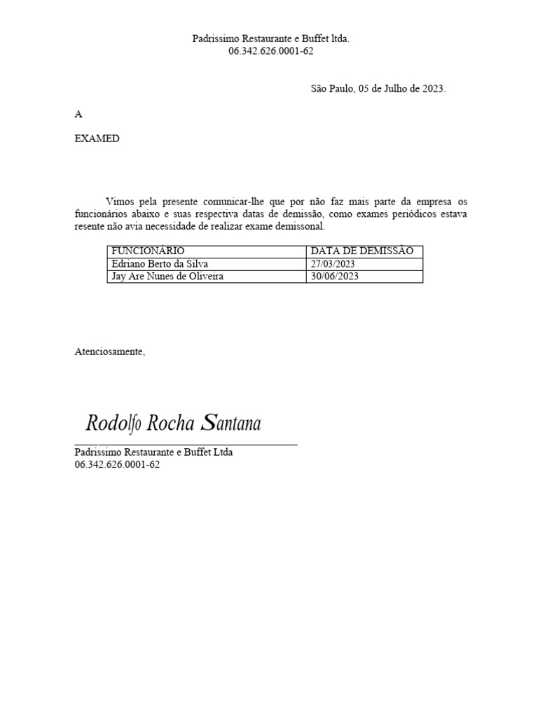 Carta de Sem Exame Demissional | PDF