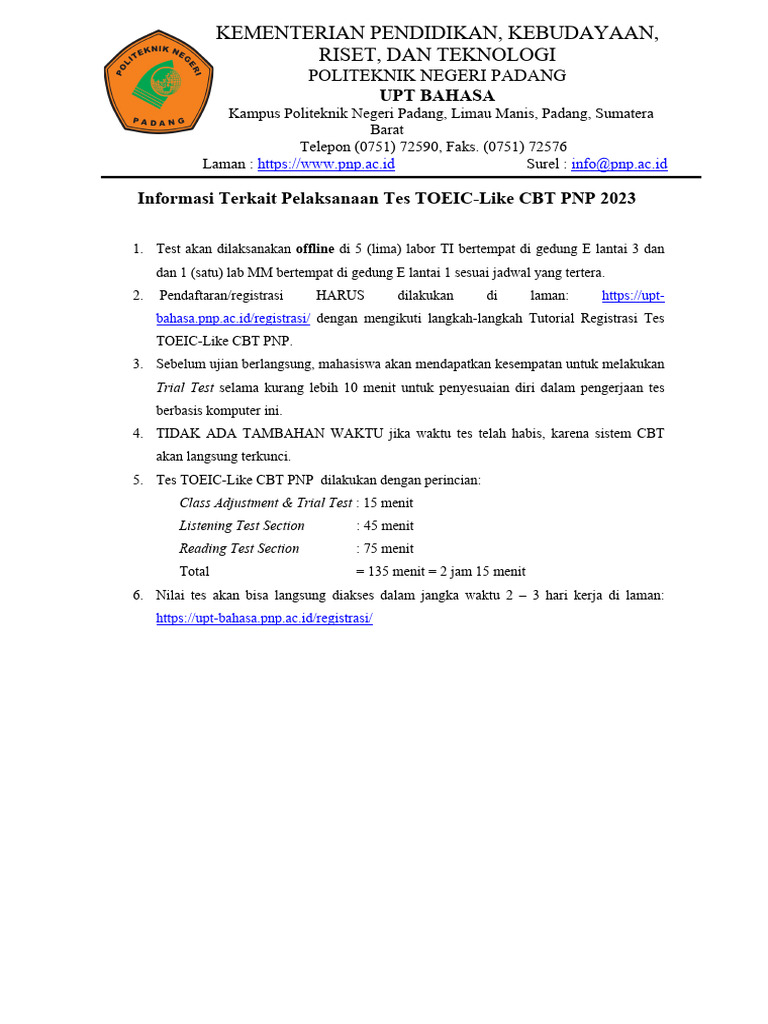 Informasi Terkait Toeic Cbt Pnp 2023-Updated (2) | PDF