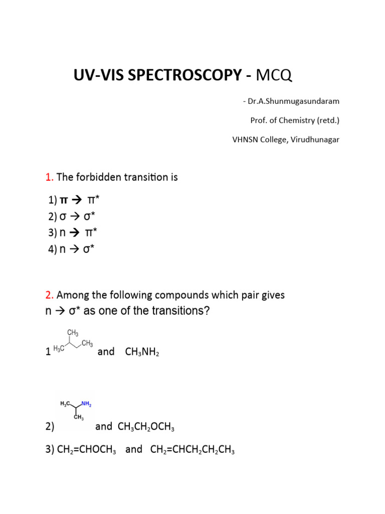 UV-VIS Organic Spectroscopy MCQ | PDF | Absorbance | Ultraviolet ...