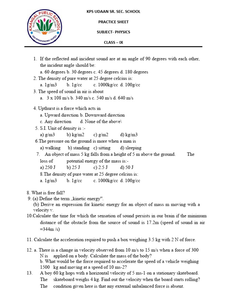 9th Practise Sheet For Exam | PDF | Force | Velocity