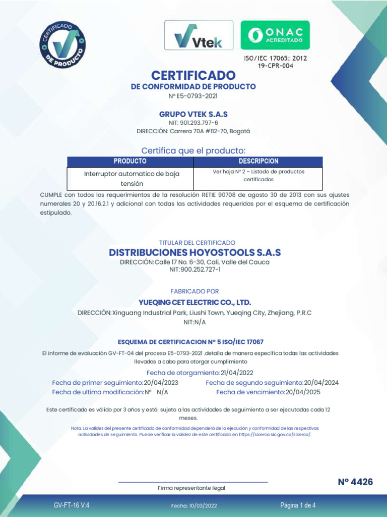 Certificado Retie de Interruptores y Braker Hoyos | PDF