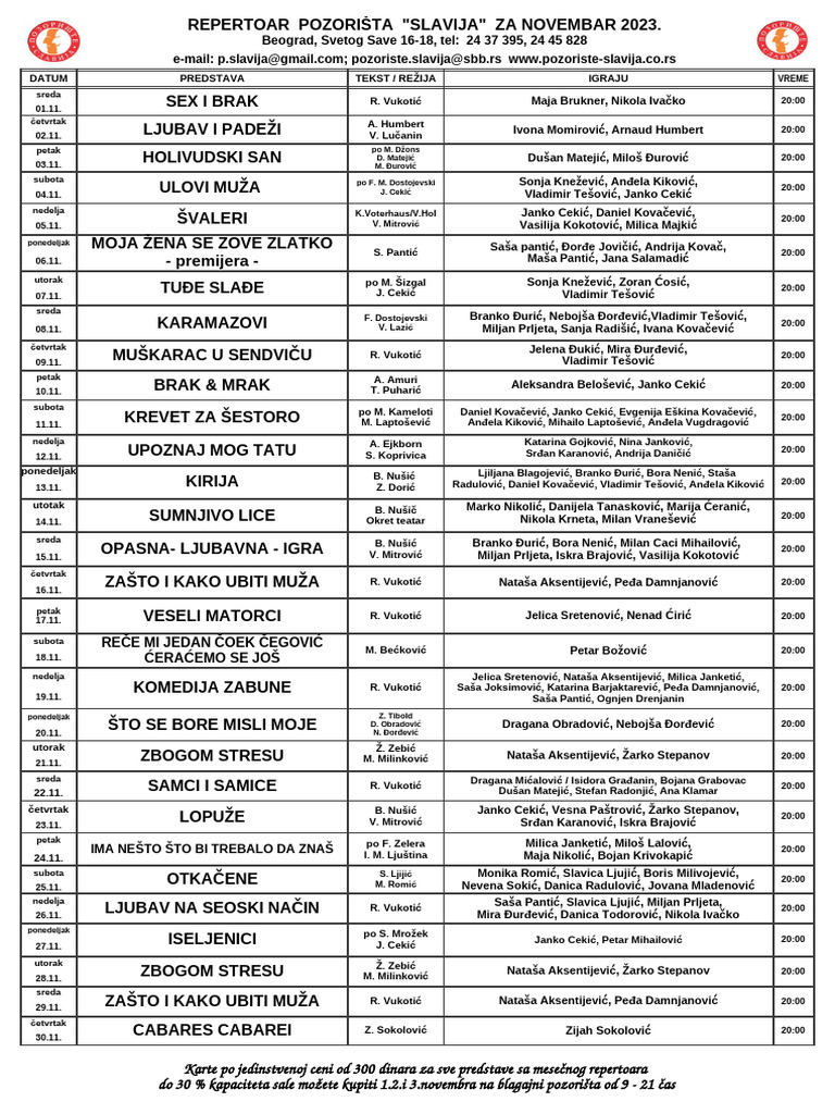 Repertoar Novembar | PDF