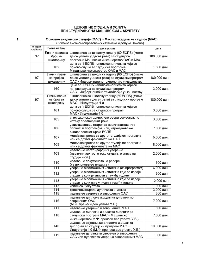 Cenovnik Studija I Usluga Pri Studiranju Na MF 2023 | PDF