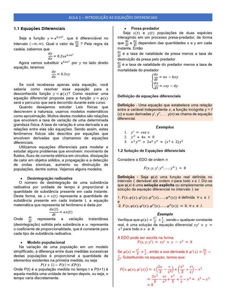 Aula 1 | Download grátis PDF | Equações diferenciais | Equação ...