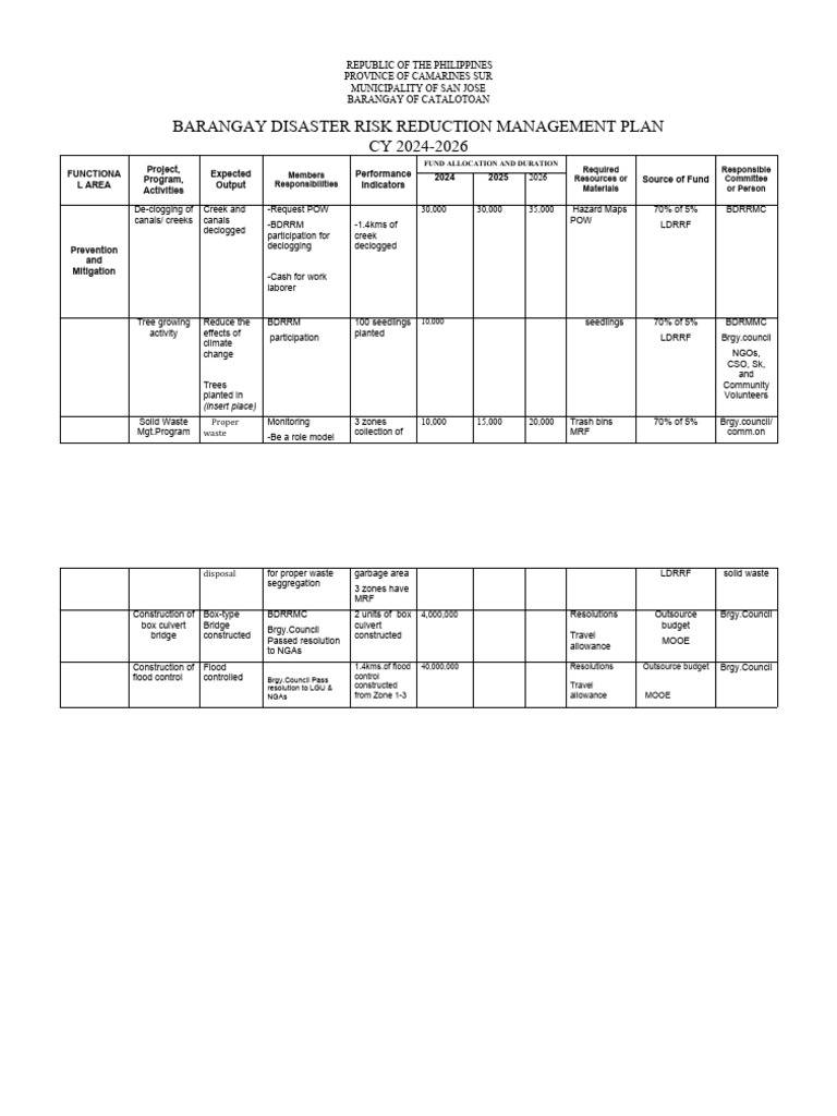 Catalotoan BDRRM 3 Year Plan | PDF | Natural Environment ...