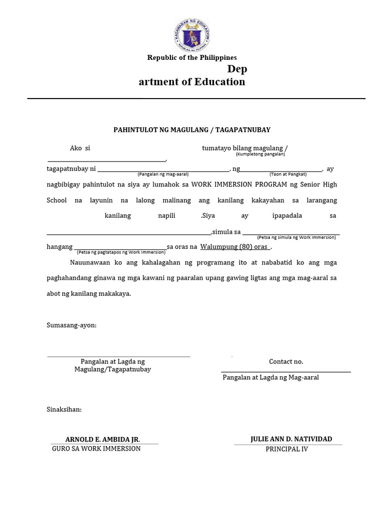 Work Immersion Waiver.2022 2023 | PDF