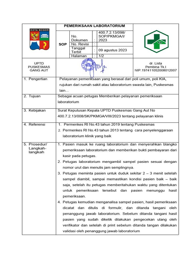 Sop Pemeriksaan Lab | PDF