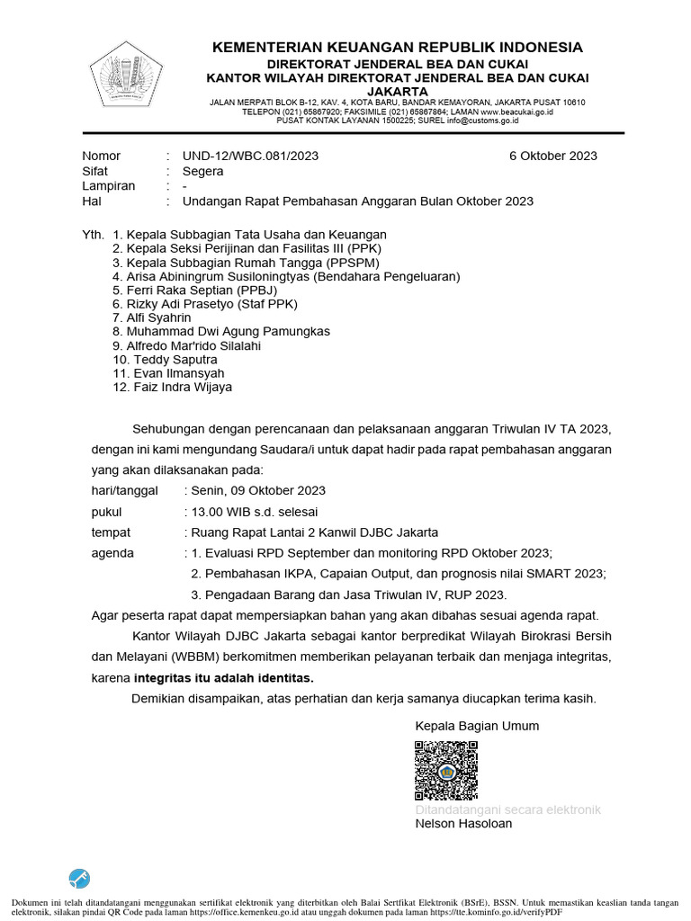 Undangan Rapat Pembahasan Anggaran Bulan Oktober 2023 | PDF