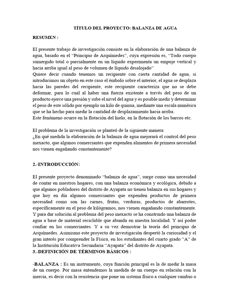 BALANZA DEL AGUA (Josue, Elvis, Gabriel) | PDF | Masa | Peso