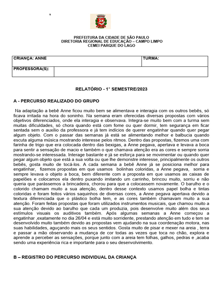 Modelo Documentação - Relatórios Para o CEI 2023 - RELATORIO DA BEBE ...
