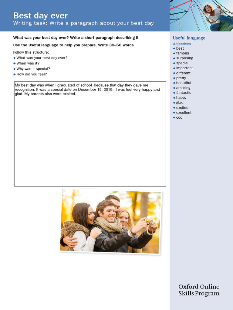 Best Day Ever: Writing Task: Write A Paragraph About Your Best Day | PDF