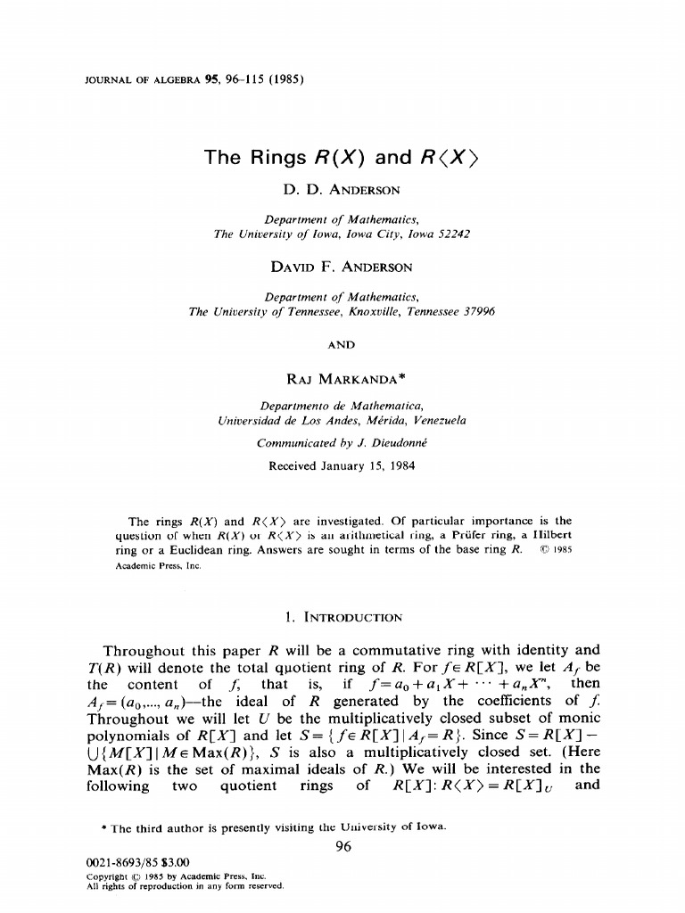 The Rings R (X) and R (X) : Anderson | PDF | Ring (Mathematics) | Field ...