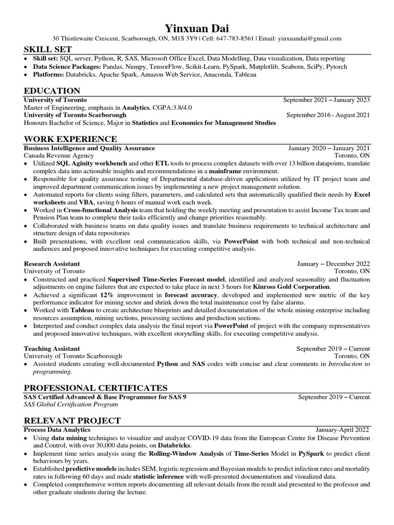 Yinxuan Dai CV | PDF | Time Series | Sas (Software)