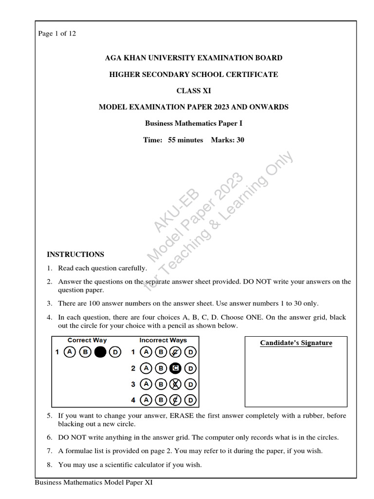 Business Mathematics Model Paper XI (Paper I) | PDF | Matrix (Mathematics) | Quadratic Equation
