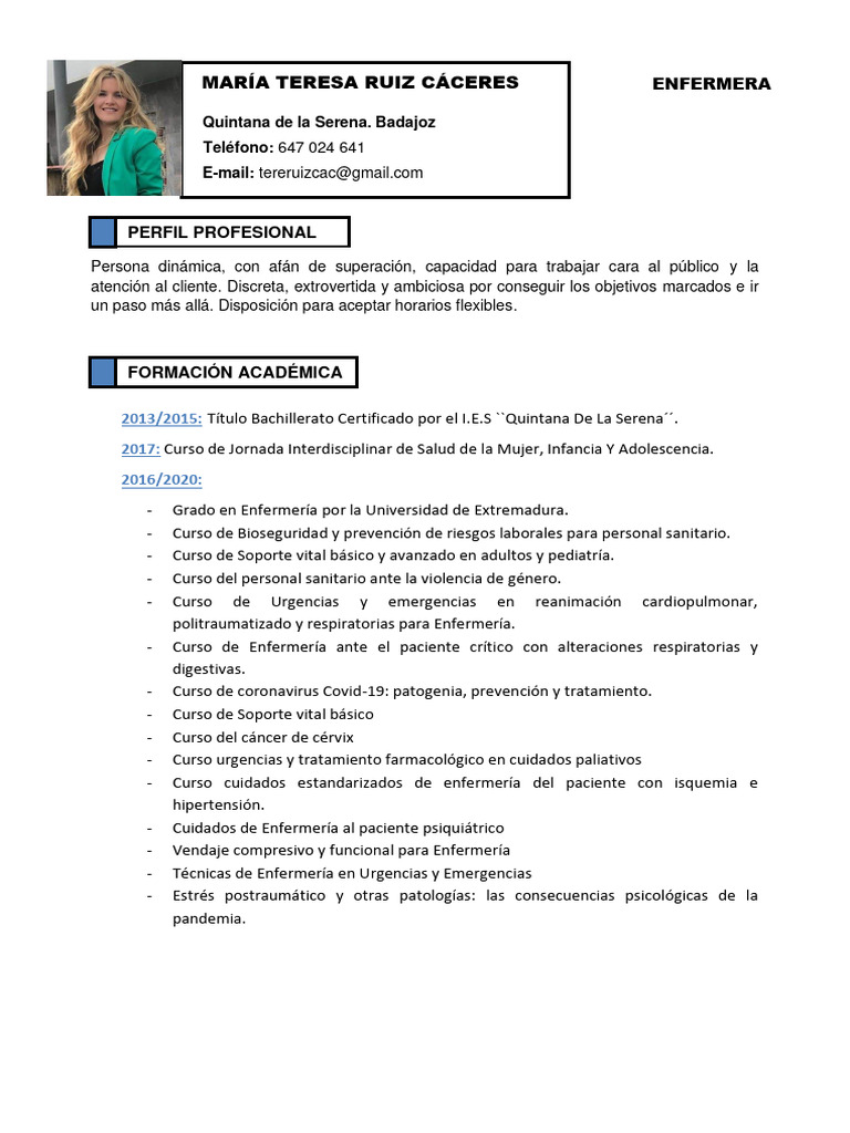 Cv Enfermerã-A Maria Teresa Ruiz | PDF | Enfermería | Medicina CLINICA