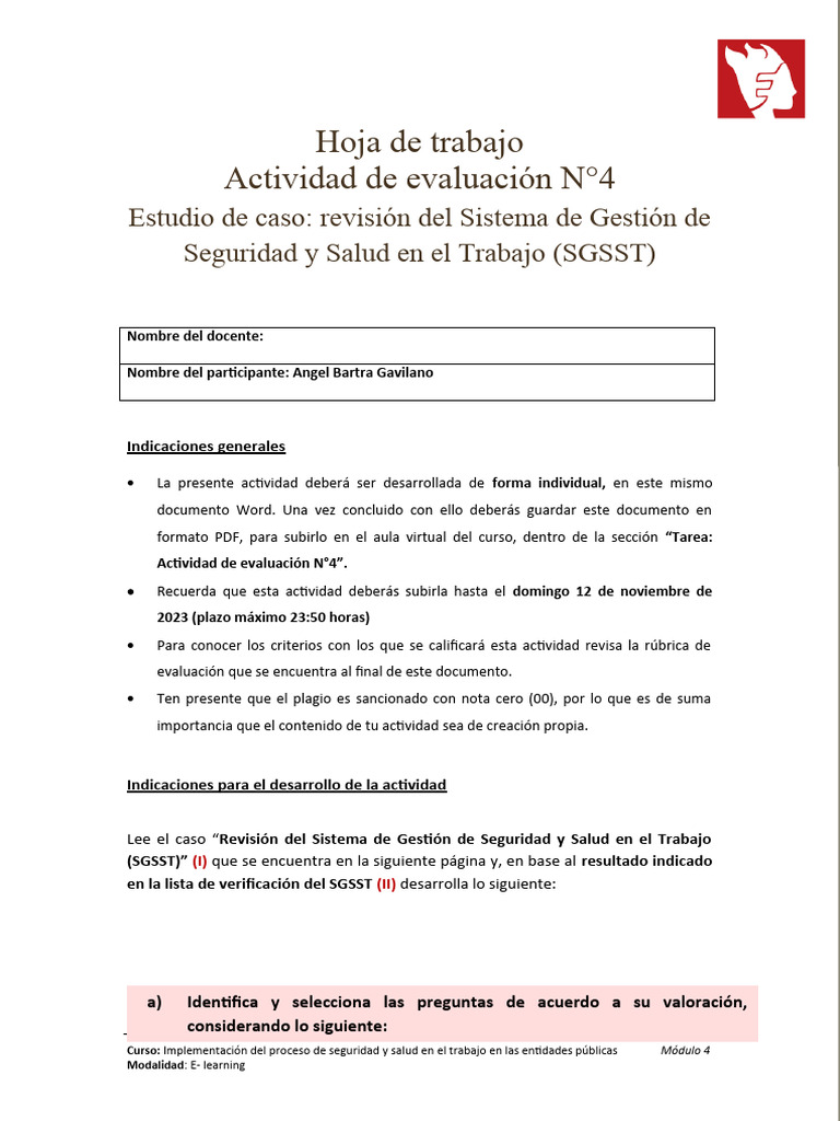 SST_M4_Hoja de Trabajo Act.Evaluación 4 (5)gfh | PDF