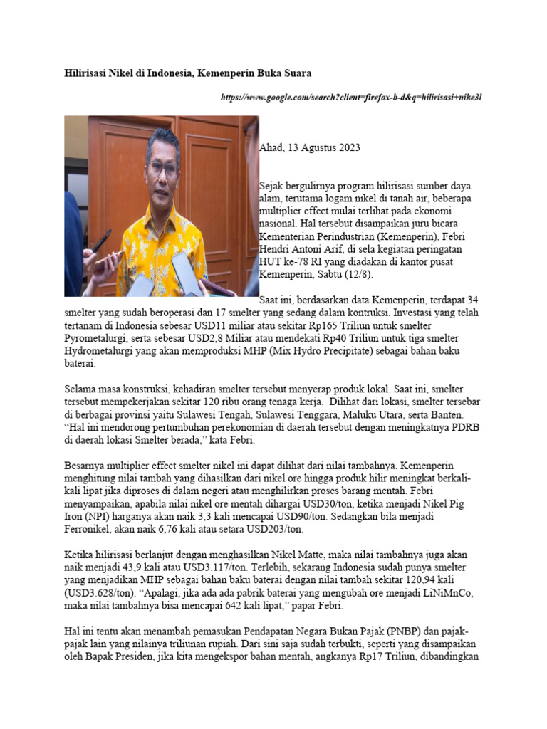 Hilirisasi Nikel Di Indonesia | PDF