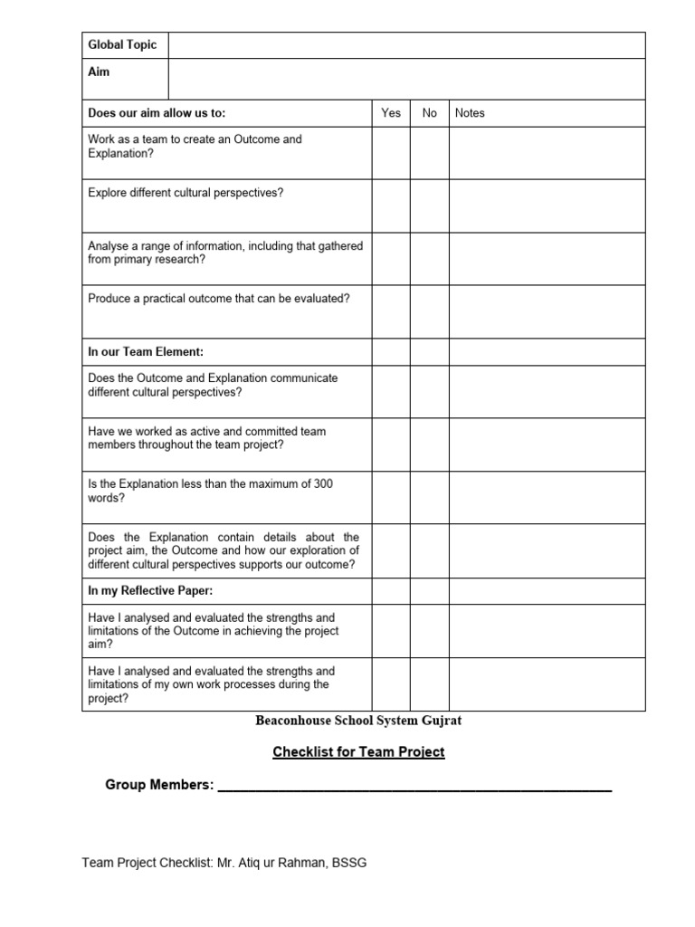 Checklist for Team Project, Global Perspectives | PDF