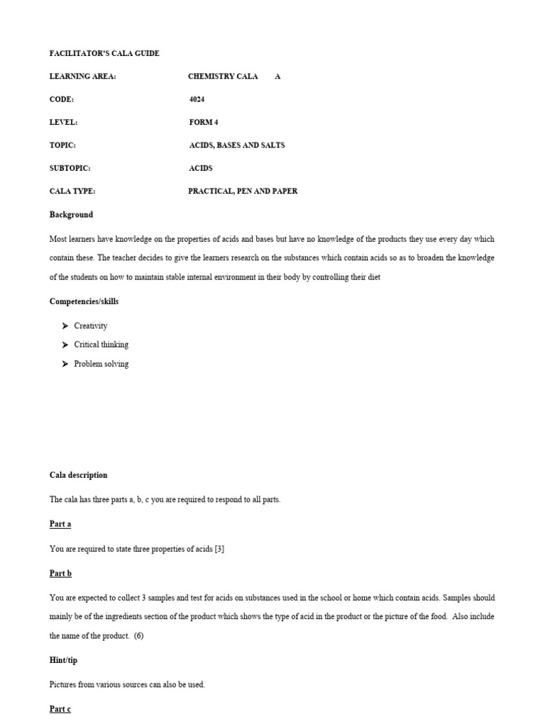 O'level Chemistry Cala Component A | PDF | Learning | Acid