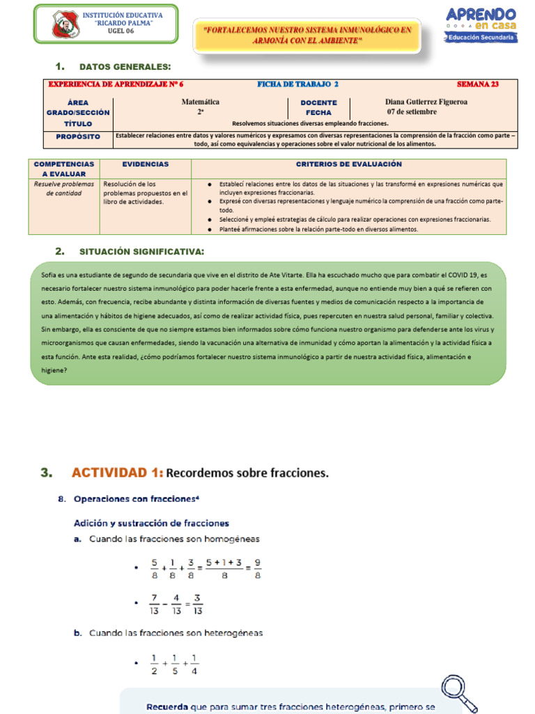 MAT - exp.6.S23.FICHA1.Resolvemos Situaciones Diversas Empleando Fracciones | PDF | Sistema inmune