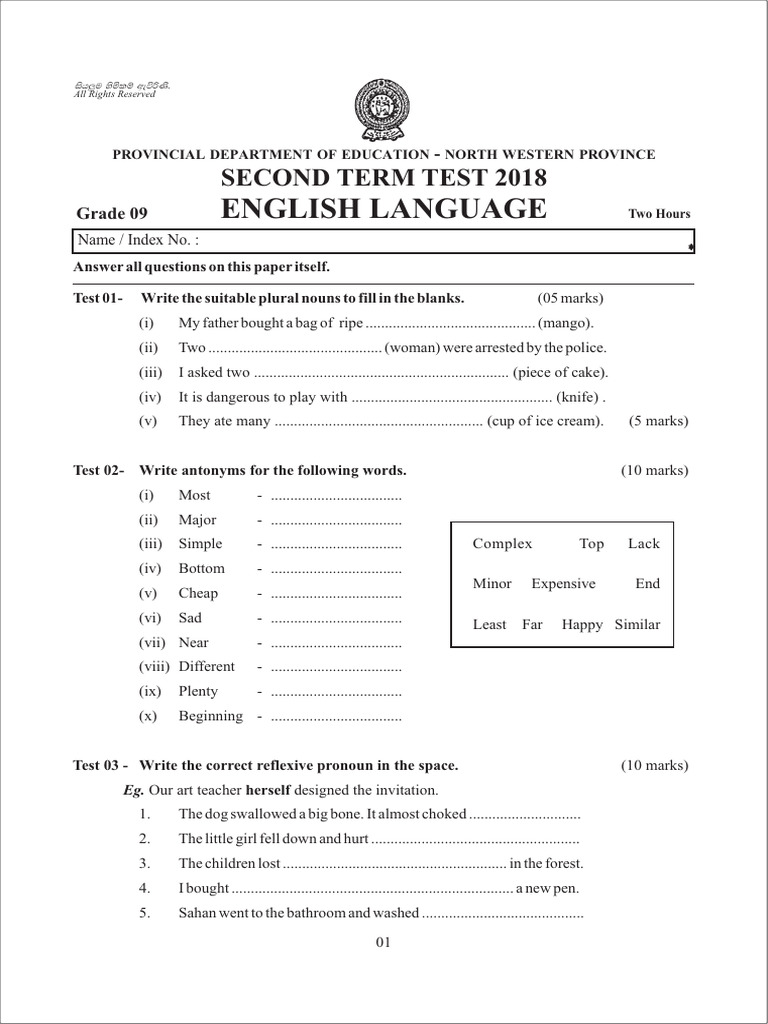 Grade 9 English 2nd Term Test 2018 | PDF | Linguistics