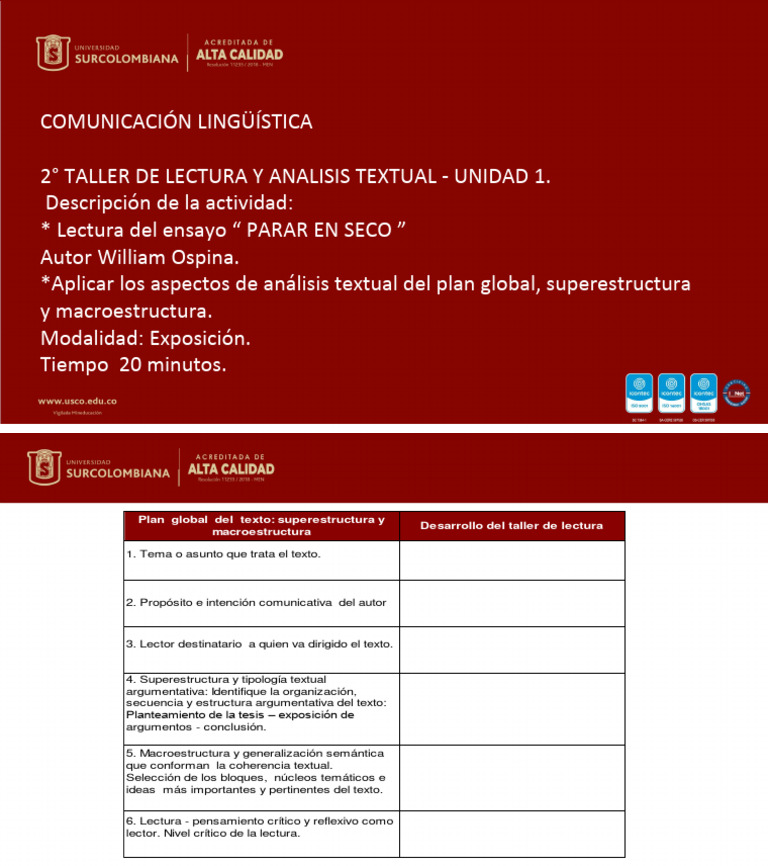 Taller Parar en Seco de William Ospina. Actual 2023 2. Act | PDF