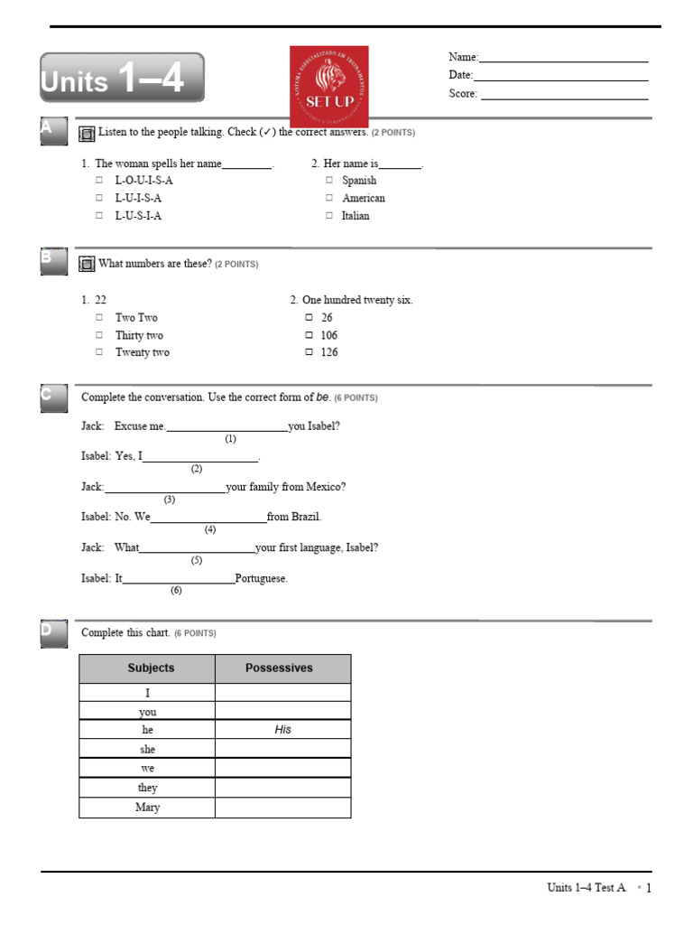 Interchange Intro - Test 1 - Units 1 - 8 A | PDF | Linguistics | Human ... Interchange Intro - Test 1 - Units 1 - 8 A | PDF | Linguistics | Human ...