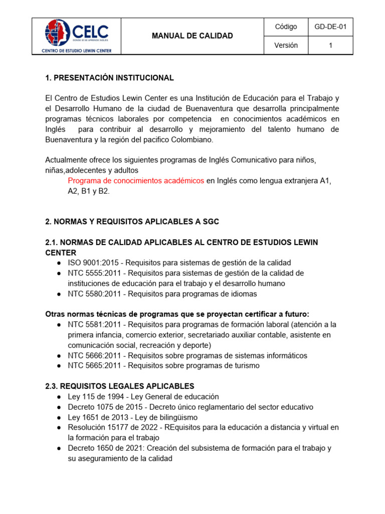 GD-De-01 Manual de Calidad 2023 - CE Lewin Center | PDF | Calidad (comercial) | Sistema de ...