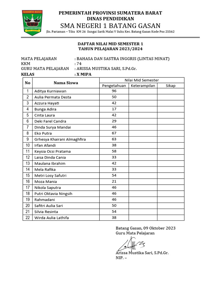 Format Penilaian Mid Semester | PDF