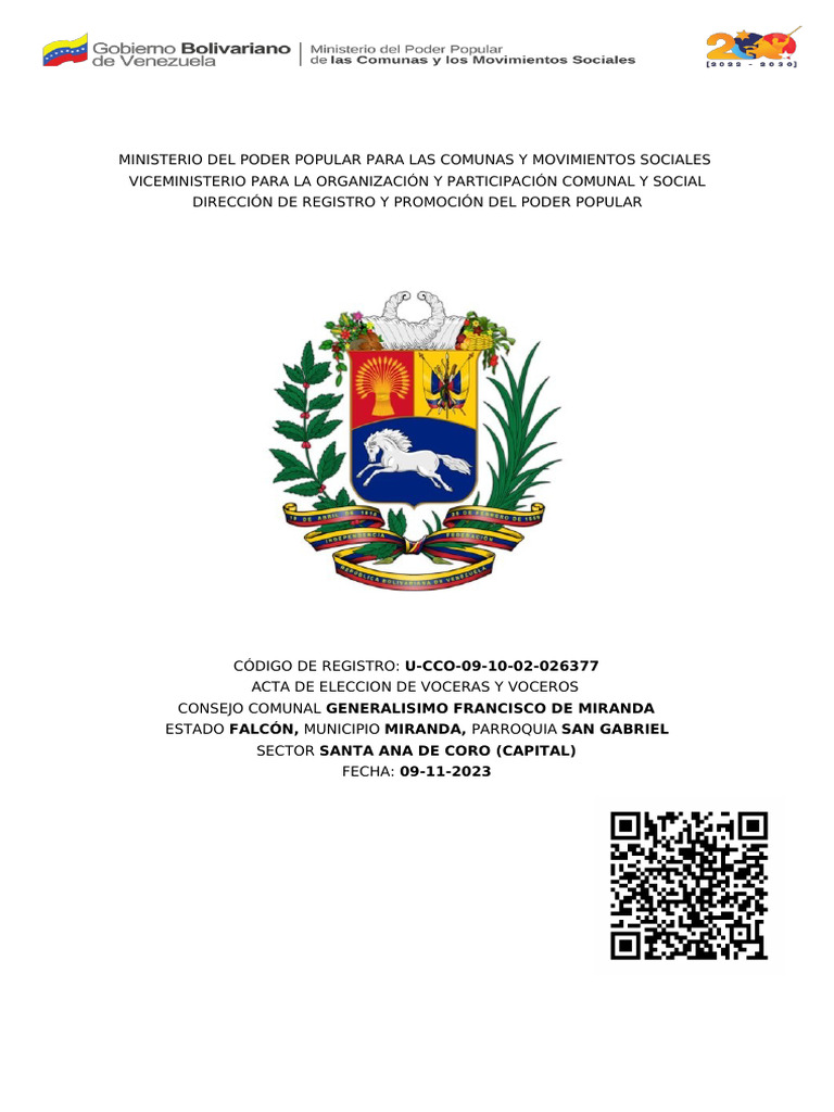 Acta Del Consejo Comunal Generalísimo Francisco de Miranda | PDF ...