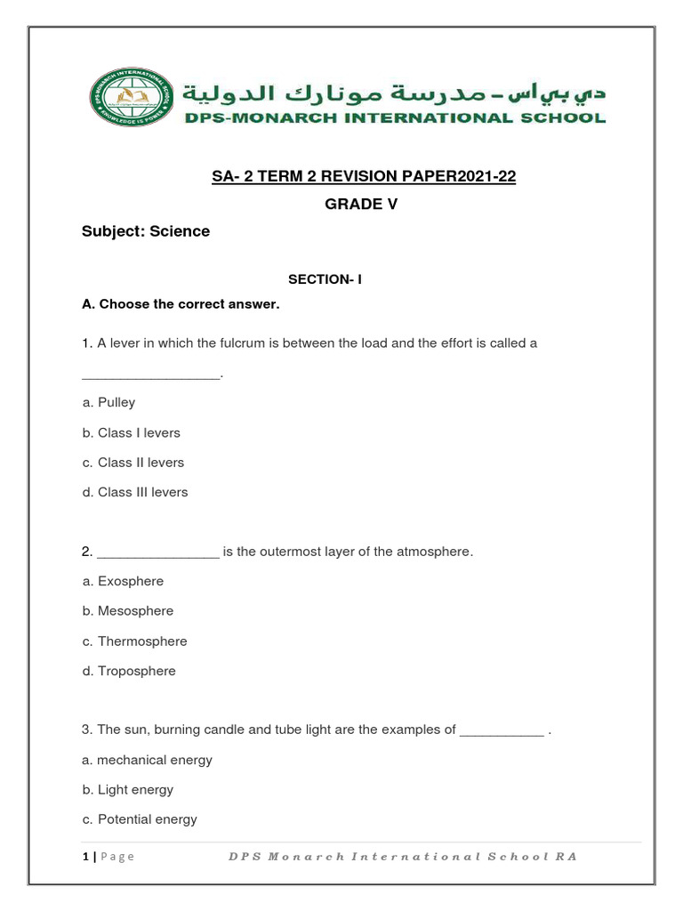 Grade 5 SA2 Term 2 Science RA 2021-22 | Download Free PDF | Atmosphere Of Earth | Liquids