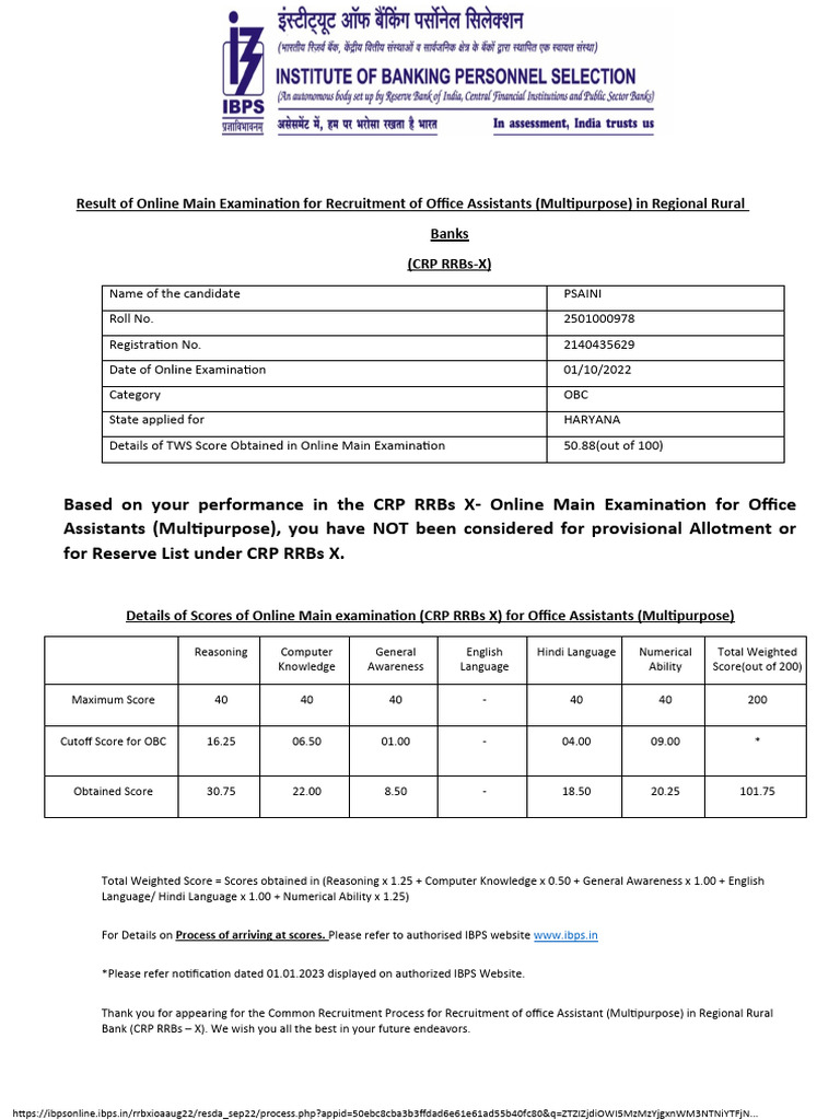IBPS RRB Pre SCORE CARD | Download Free PDF | Government