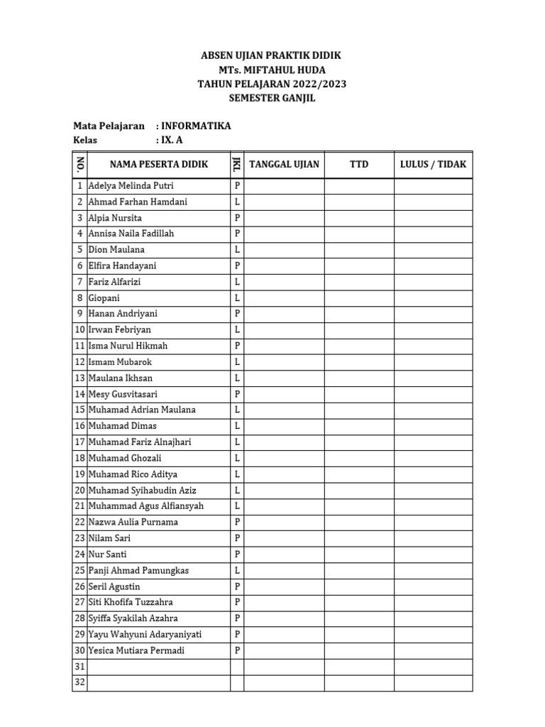 Absensi Ujian Praktik | PDF
