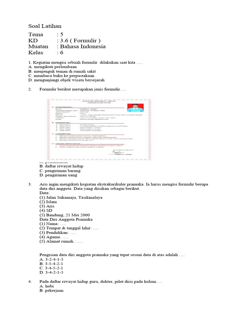 Soal Latihan Formulir Tema 5 Terbaru Untuk Siswa | PDF