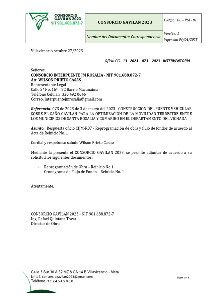 Oficio CG - 13 - 2023 - 073 - 2023 - Interventorìa - Programacion Reinicio No. 1 | PDF
