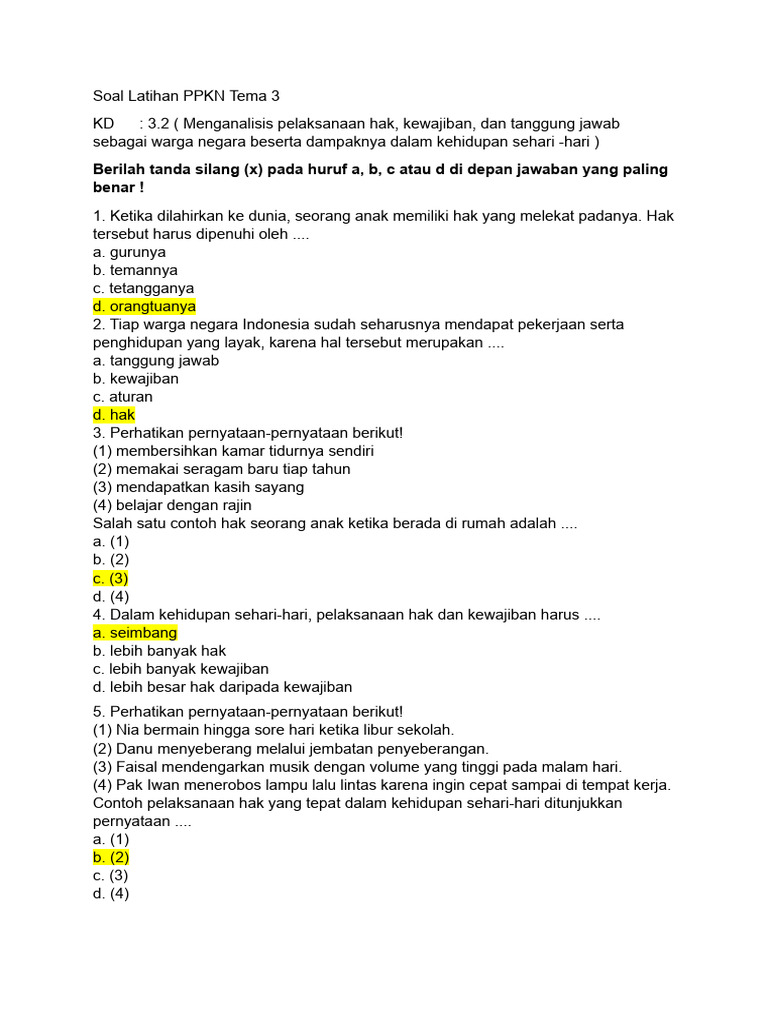 Soal Latihan PPKN Tema 3 Untuk Siswa | PDF