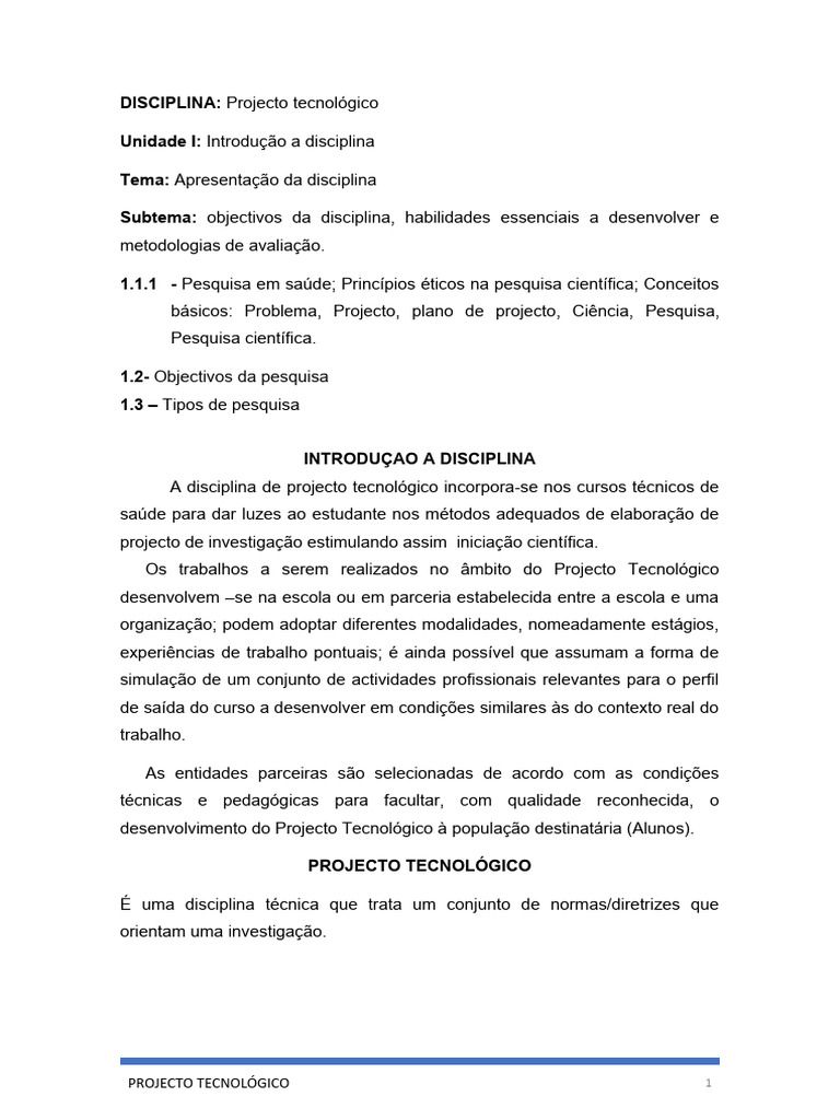 Projecto Tecnológico Unidade I Completo Actualizado | PDF | Método científico | Science