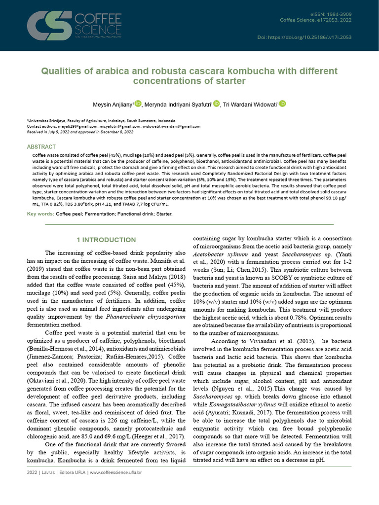 Qualities of Arabica and Robusta Cascara Kombucha With Different Concentrations of Starter | PDF ...
