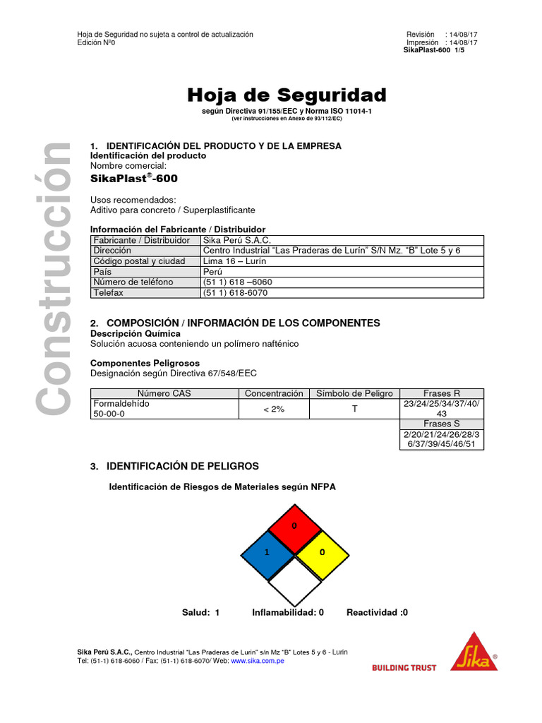 HS - SikaPlast-600 | PDF | Mercancías peligrosas | Residuos