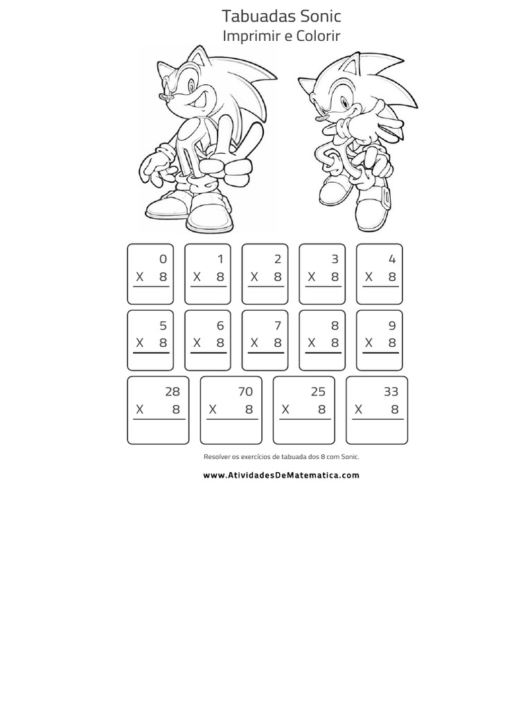 Tabuada Do Sonic para Colorir - Atividades de Matematica - Imprimir | PDF