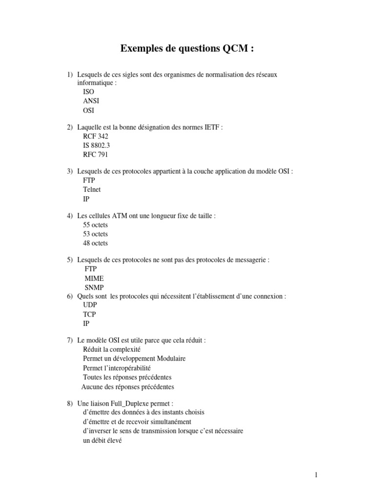 Exemple QCM | PDF | Protocoles Internet | Modèle OSI
